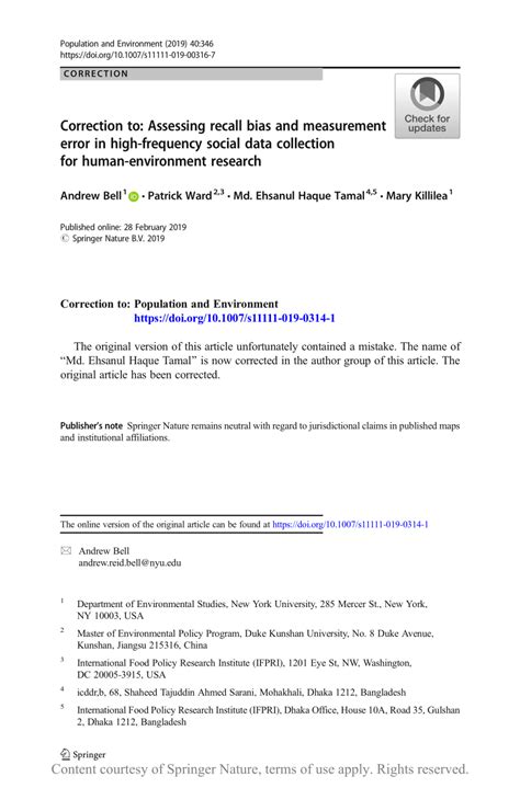 Correction To Assessing Recall Bias And Measurement Error In High