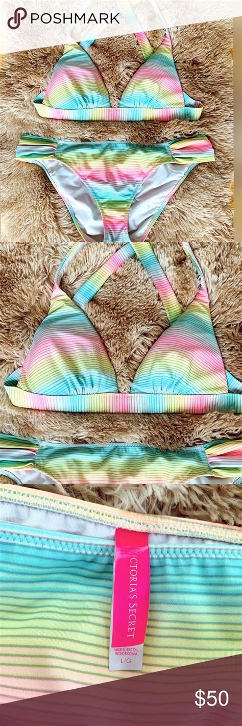 Victorias Secret Swim 2 Piece Rainbow Striped Sz L Rainbow Bikini