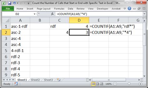 count the number of cells that start or end with specific text in excel