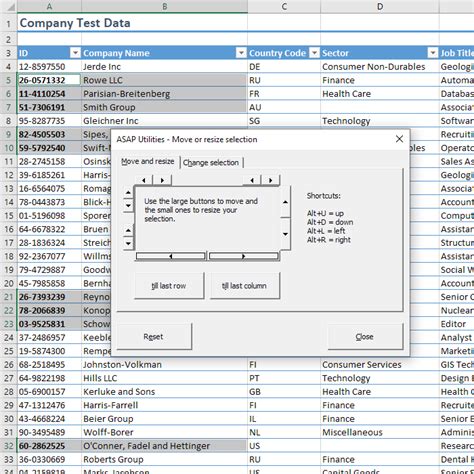 asap utilities for excel select move or resize