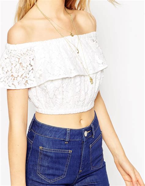 Asos Cropped Off The Shoulder Top In Lace In White Lyst