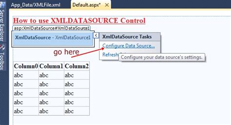 how to access the database using xmldatasource control in my