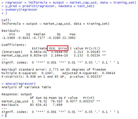 r what is the std error parameter in the result when using the