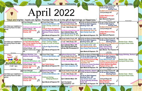 April 2022 Calendar And Activities Assisted Living Traditions At North