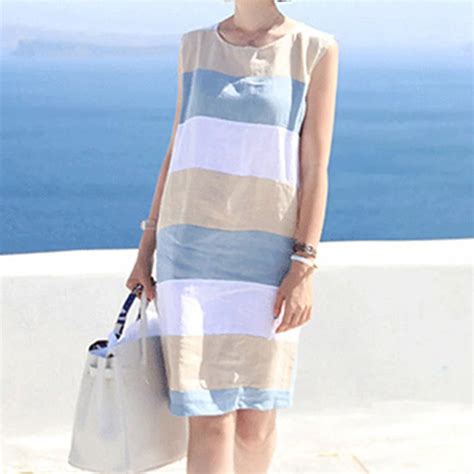 2018 Cotton Linen Striped Summer Dress Women Basic Sleeveless Dresses