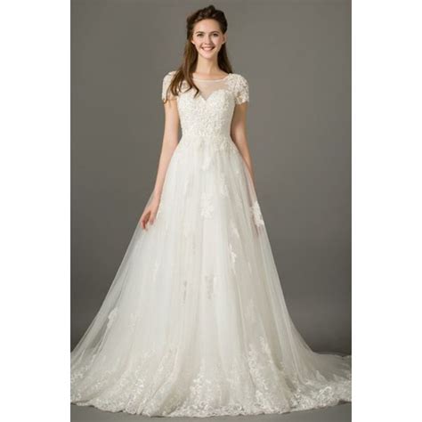 Lovely A Line Illusion Scoop Neckline Tulle Lace Wedding Dress With Sleeves