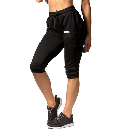 Womens 3 4 Cropped Gym Track Pants Black Workout Training Iron Tanks