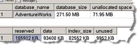 query to find the size of the database and database file