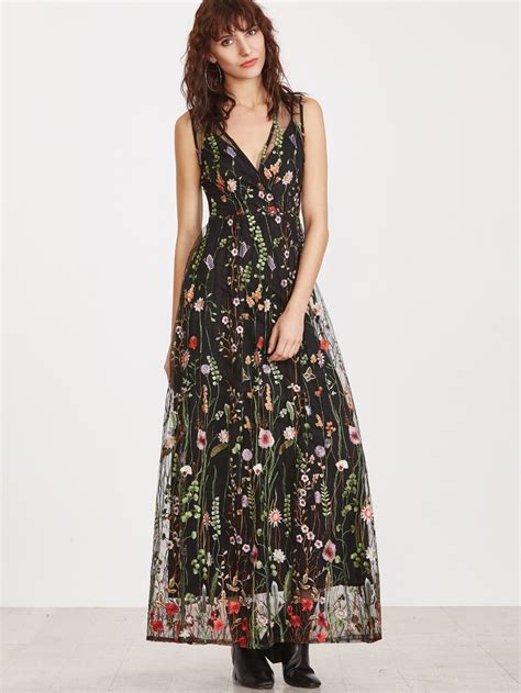 Black Surplice Front Embroidered Mesh Overlay Maxi Dress Shein Sheinside