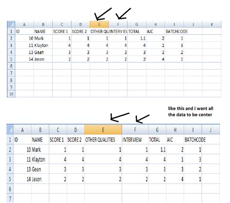 javascript center all and adjust excel column according
