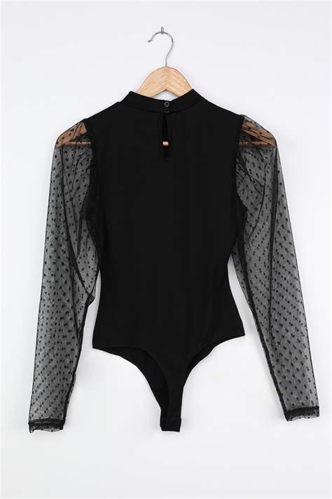Black Bodysuit Sheer Sleeve Bodysuit Long Sleeve Bodysuit Lulus