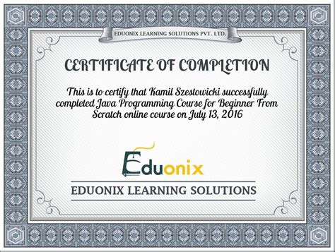 completion certificate for java programming course for