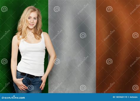 Love Irish Concept Happy Blonde Cute Woman With Irish Flag Stock Image