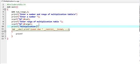 multiplication table program in c