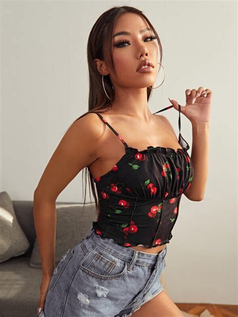 Shein Qutie Cherry Print Ruched Bust Seam Front Cami Top Shein Usa
