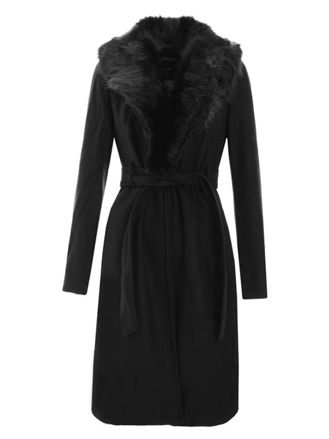 New Ladies Womens Black Fur Collar Faux Wool Long Belted Jacket Coat