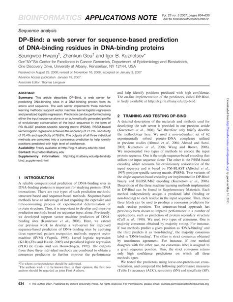 Pdf Dp Bind A Web Server For Sequence Based Prediction Of Dna