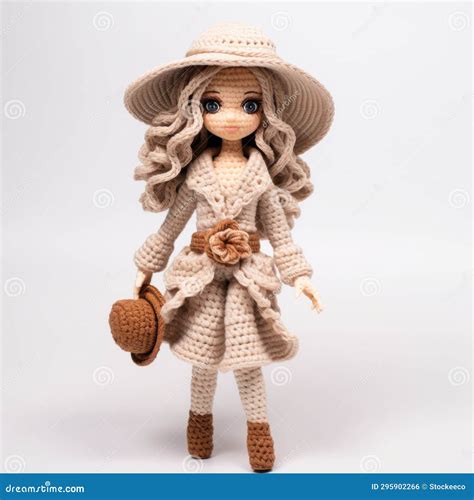 Crocheted Manga Style Girl Doll In Beige Coat And Hat Stock