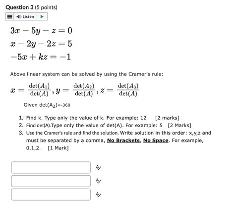 Solved Question 3 5 Points 3x−5y−z 0x−2y−2z 5−5x Kz −1