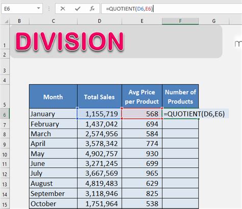 how to divide in excel with division formula