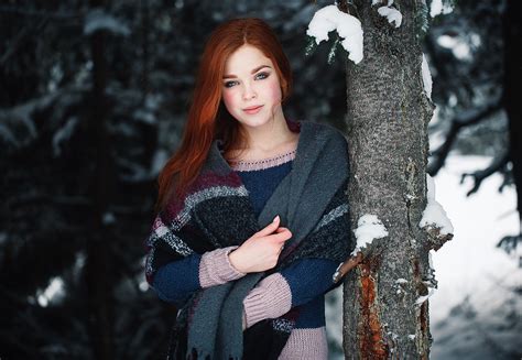 Wallpaper Redhead Women Outdoors Snow Winter Model Looking At