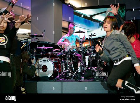 Blink182 Drummer Travis Barker Hammers Away On His Drum Kit While