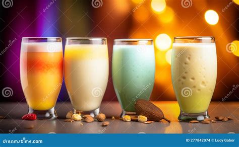 Mango Pistachio Almond And Coconut Lassis With Decoration And A Cozy