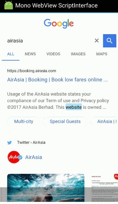 xamarin android webview text selection is not working with