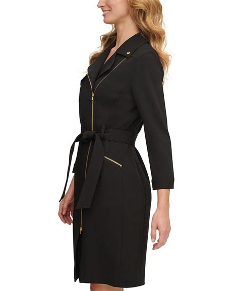 Calvin Klein Zip Front 3 4 Sleeve Belted Coatdress Macys