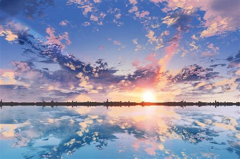 Anime Scenic Clouds Sunset Reflection Dual Monitor Scenery Anime