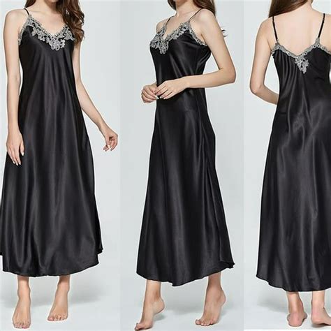 Hirigin Sexy Satin Night Dress For Women Lace V Backless Sleepwear