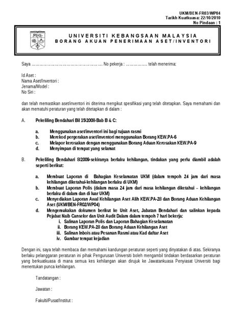 Borang Akuan Penerimaan Aset Fr03 Pdf