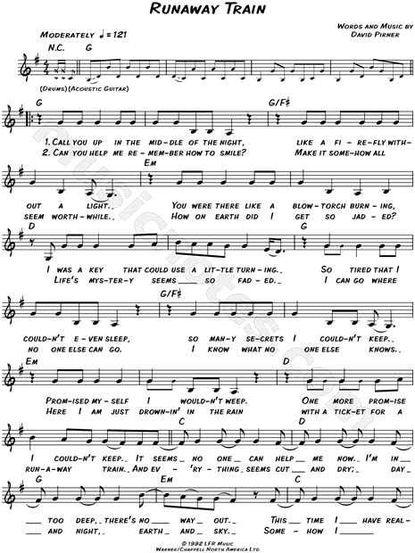 Soul Asylum Runaway Train Sheet Music Leadsheet In G Major