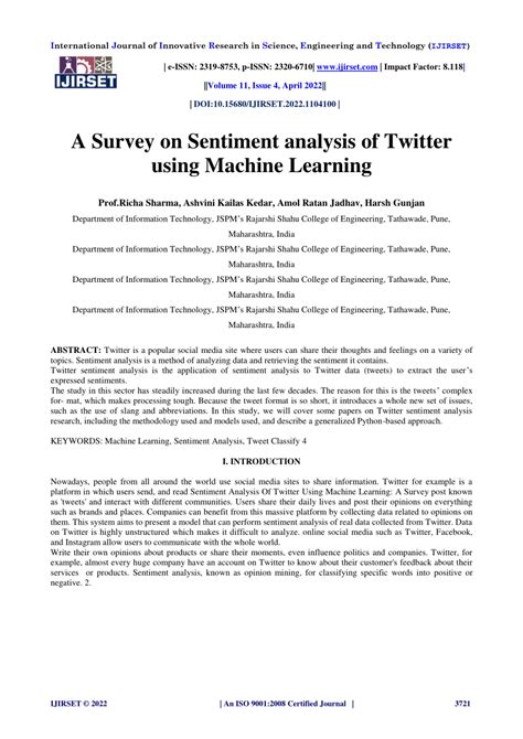 pdf a survey on sentiment analysis of twitter using machine learning
