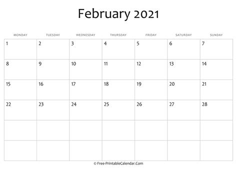 Editable 2021 February Calendar