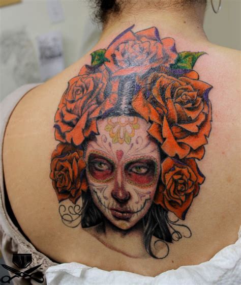 Mexican Skull Girl With Big Roses Tattoo Tattooimages Biz