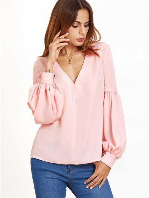 V Neckline Bishop Sleeve Top Shein Sheinside