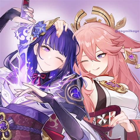 Raiden Shogun And Yae Miko Genshin Impact Drawn By Iwantsoymilk