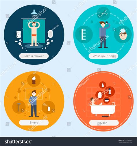 Hygiene Flat Icons Set Taking Shower Stock Vector Royalty Free