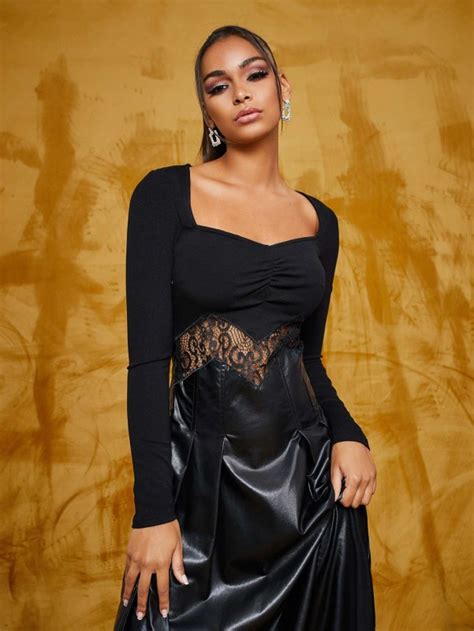Shein Sweetheart Neck Contrast Lace Dress