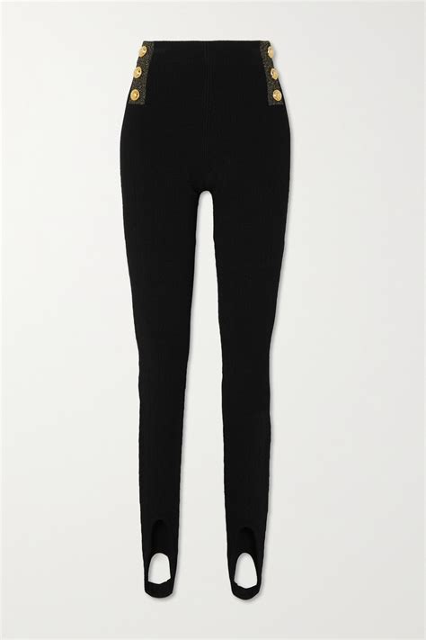 Balmain Button Embellished Metallic Ribbed Knit Stirrup Leggings