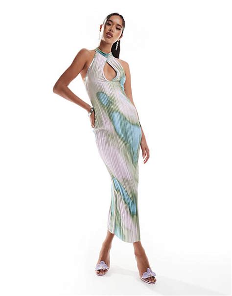 Asos Design Plisse Twist Neck Keyhole Midi Dress In Abstract Print Asos