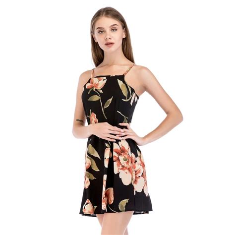 Women Summer Spaghetti Strap Dresses Chiffon Floral Print Mini Party