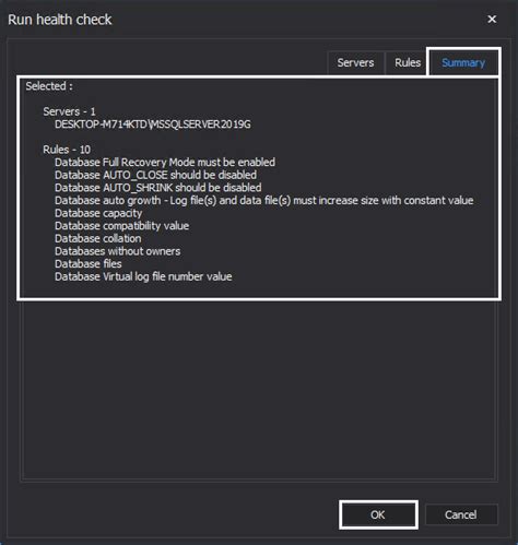 perform health check analysis on sql server instance databases