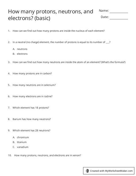 How Many Protons Neutrons And Electrons Basic My Worksheet Maker