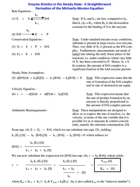 Enzyme Kinetics The Michaelis Menten Equation Rate Equations K 1 1