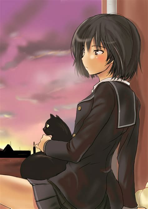 Safebooru 1girl Amagami Arm Support Black Cat Black Hair Bob Cut
