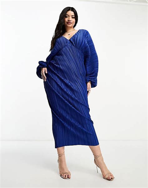 Asos Design Curve Deep Plunge Blouson Sleeve Plisse Midi Dress In Blue