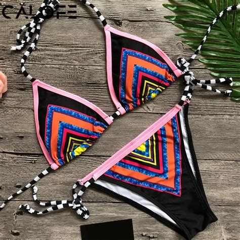Calofe Women Bikini Set Push Up Knotted Low Waist Bikini Thong Swimwear