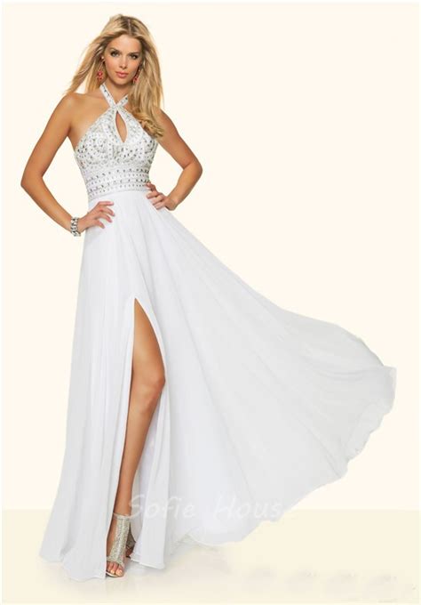 Flowing Halter Cut Out Long Blue Chiffon Beaded Prom Dress With Slit